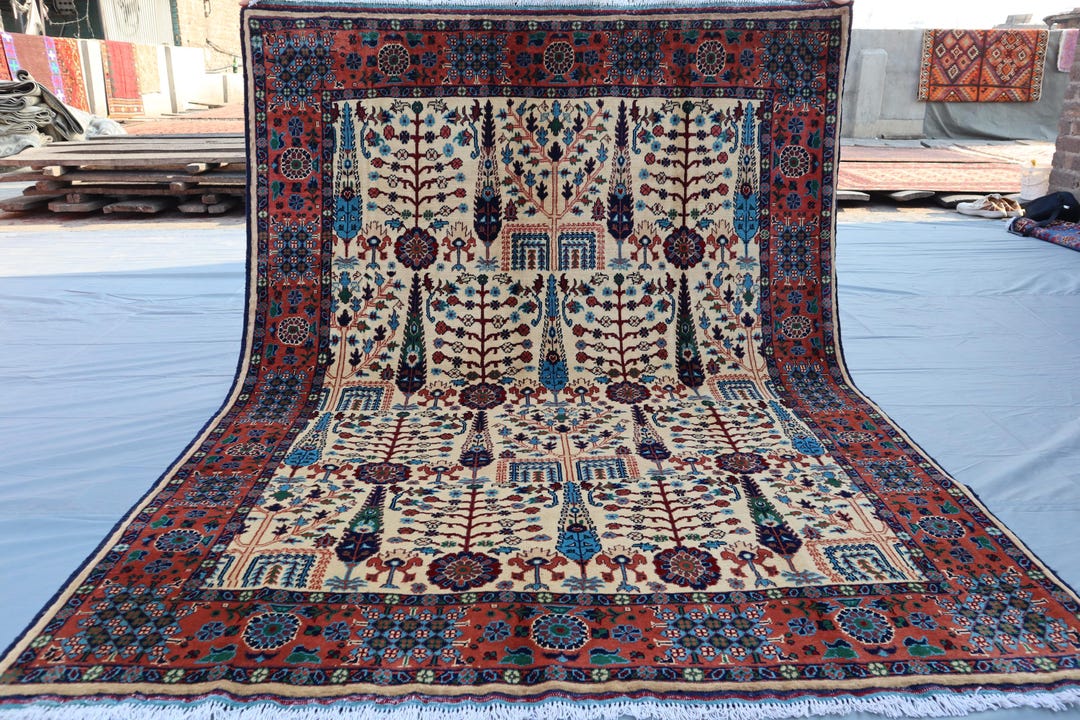 6.9x5 Natural Tree of Life Rug, Afghan Vintage Rug, Handmade Wool Rug ...