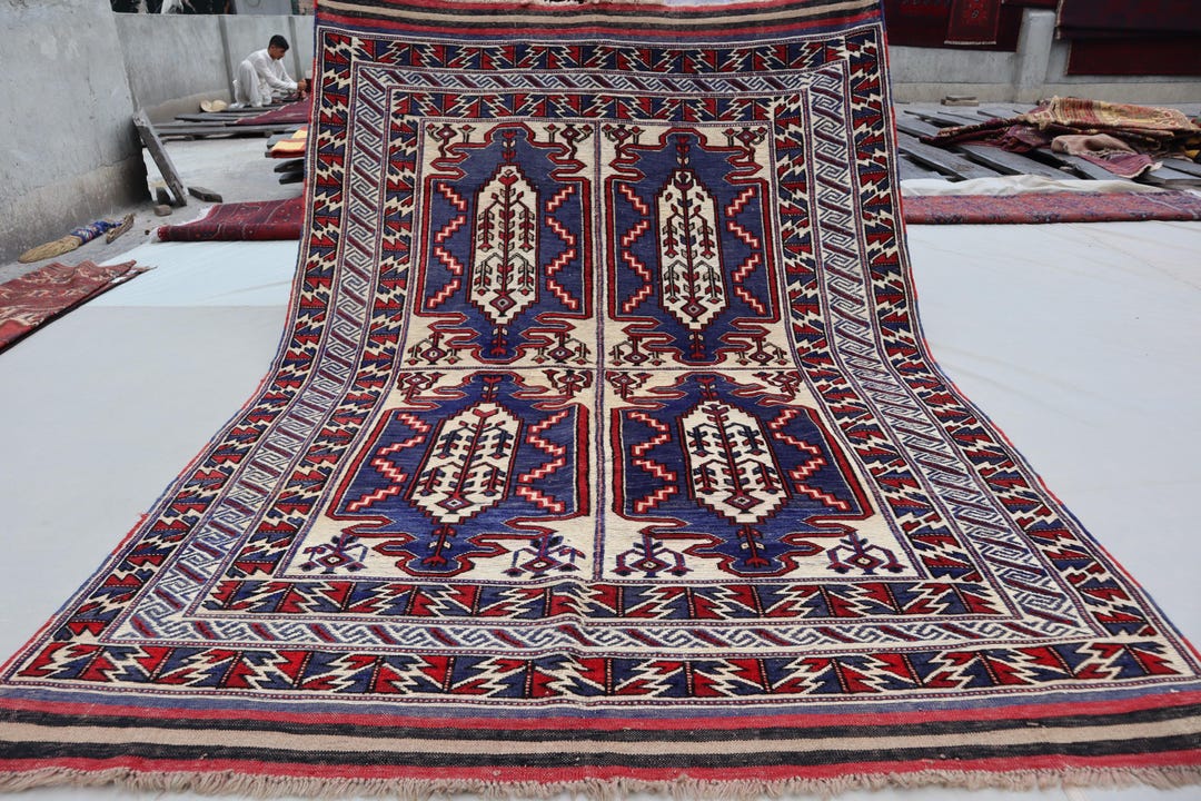 1960s Antique Turkmen Geometric Rug 8.8x6 Ft Afghan Handmade Wool Rug ...