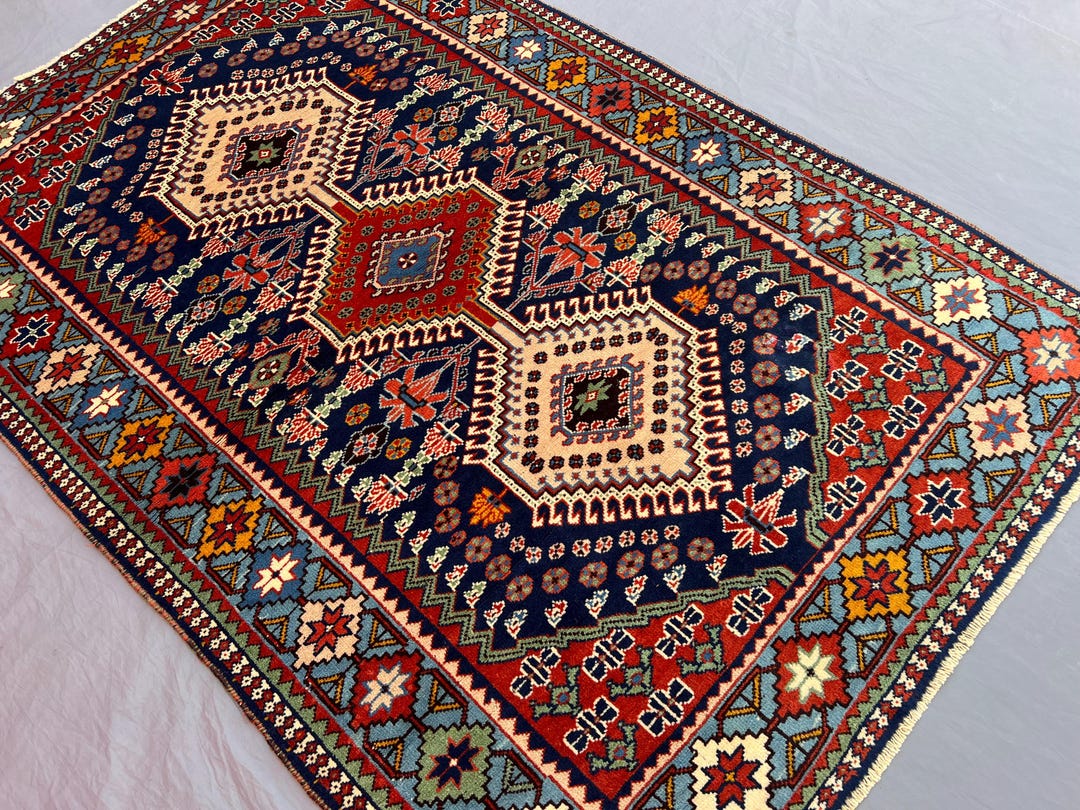 Vintage Afghan Wool Rug | 5x4 Ft, Navy Blue Red Geometric Tribal Design ...