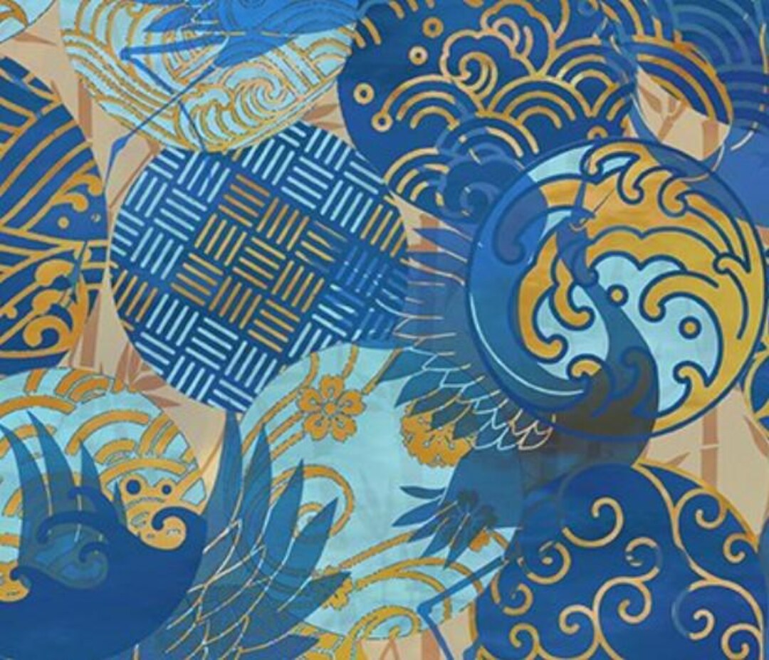 Oriental Gardens Emblems Blue, Quilting Cotton, in the Beginning ...