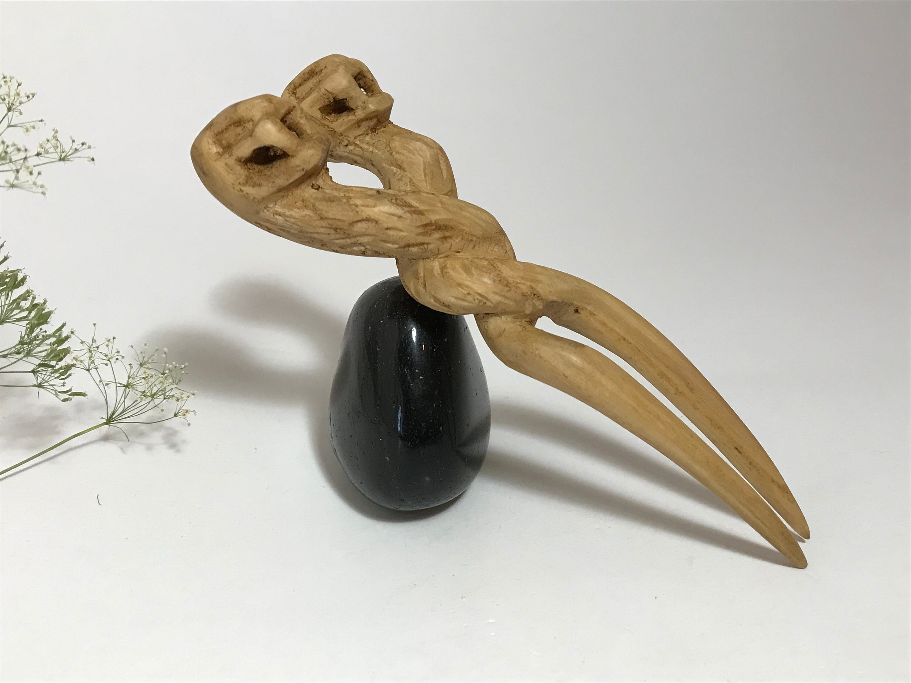 Hand Carved Wooden Hair Fork Two Snakes Two prong | Etsy