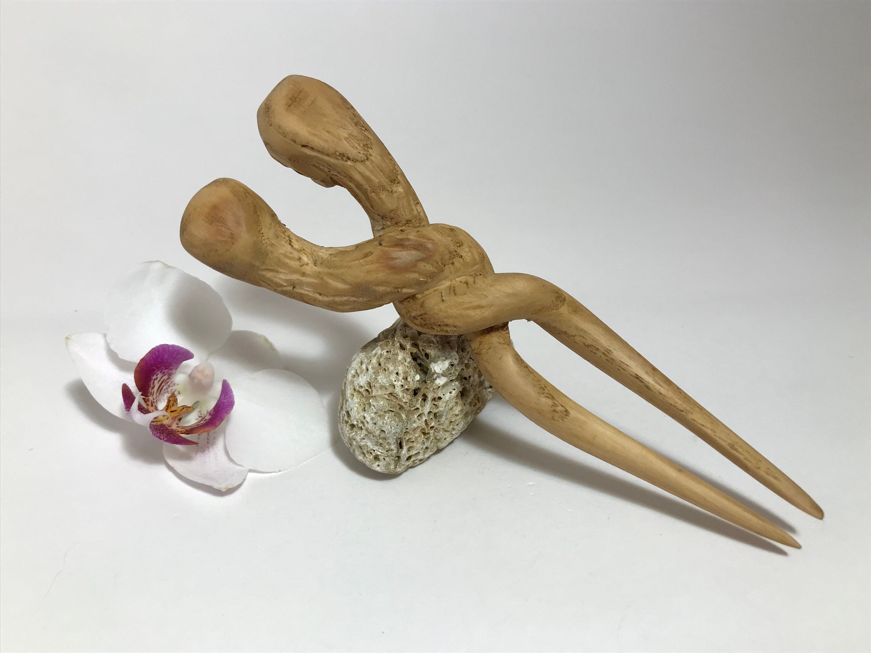 Hand Carved Wooden Hair Fork Two Snakes Two prong | Etsy