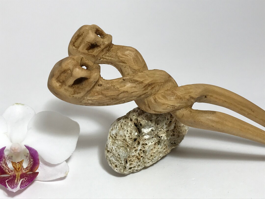 Hand Carved Wooden Hair Fork "two Snakes", Two Prong Hair Fork, Wooden ...