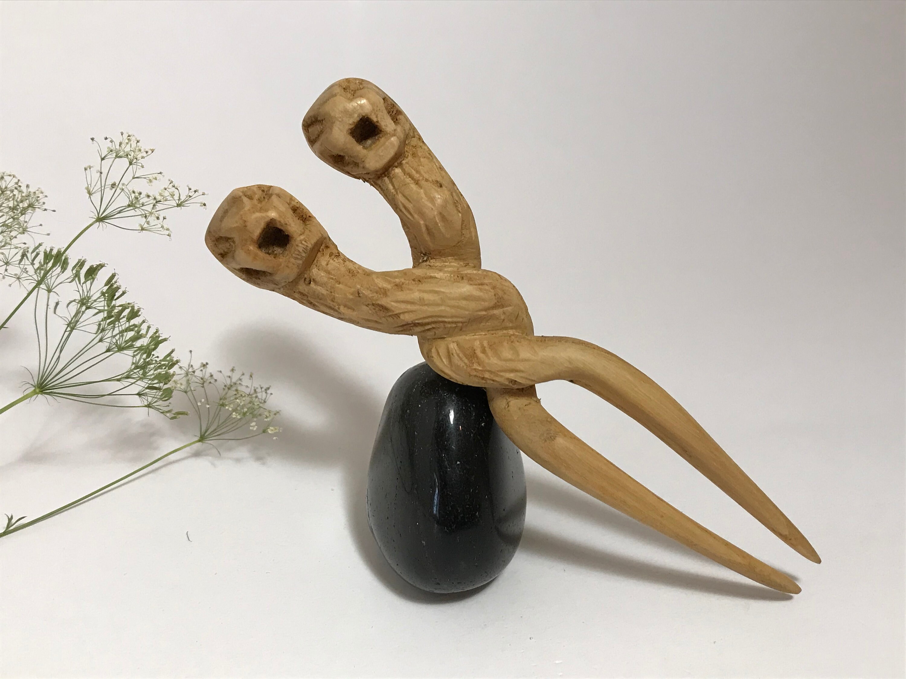 Hand Carved Wooden Hair Fork Two Snakes Two prong | Etsy
