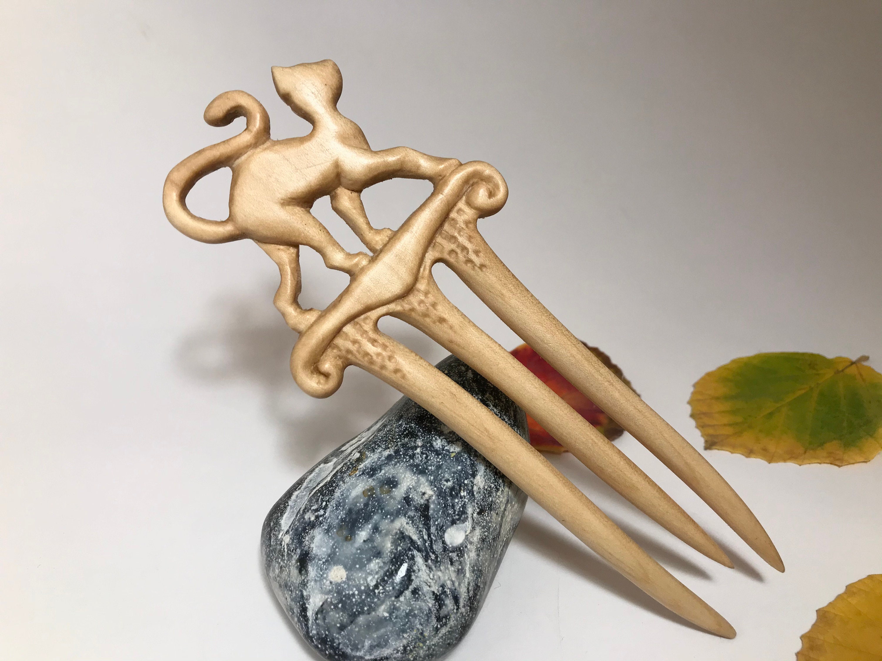 Exclusive Hand Carved Wooden Hair Fork Cat Wooden | Etsy
