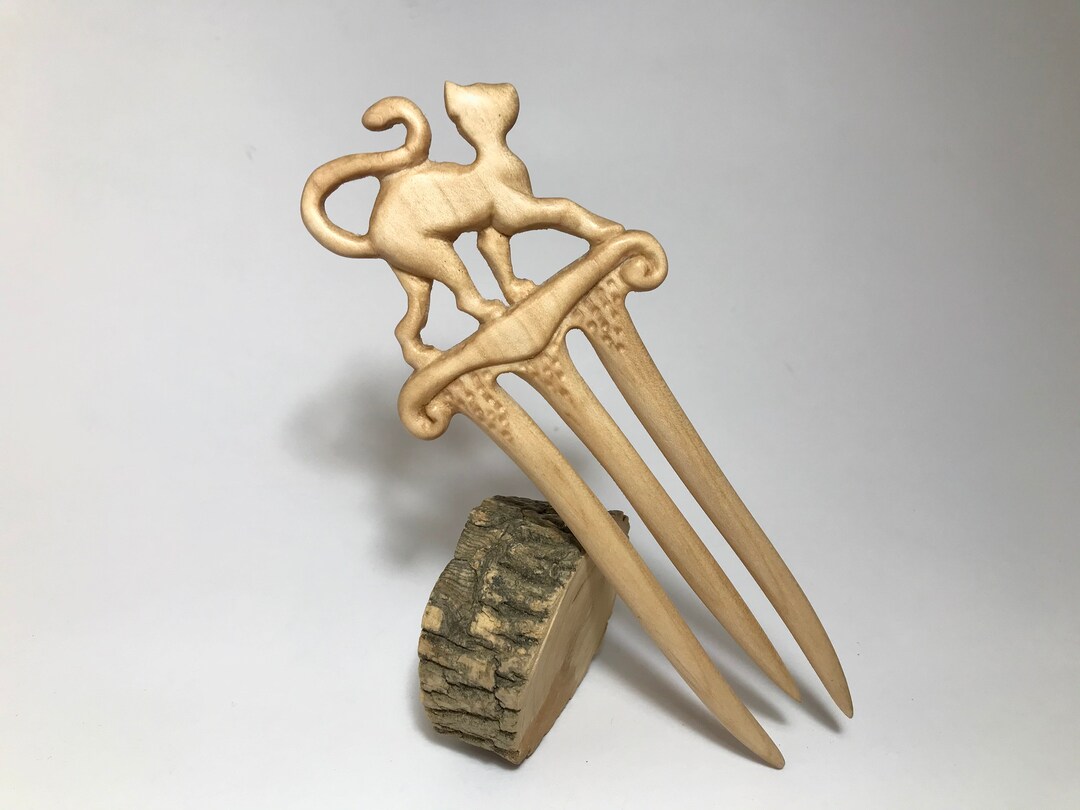 Exclusive Hand Carved Wooden Hair Fork "cat", Wooden Hair Fork, Wooden ...