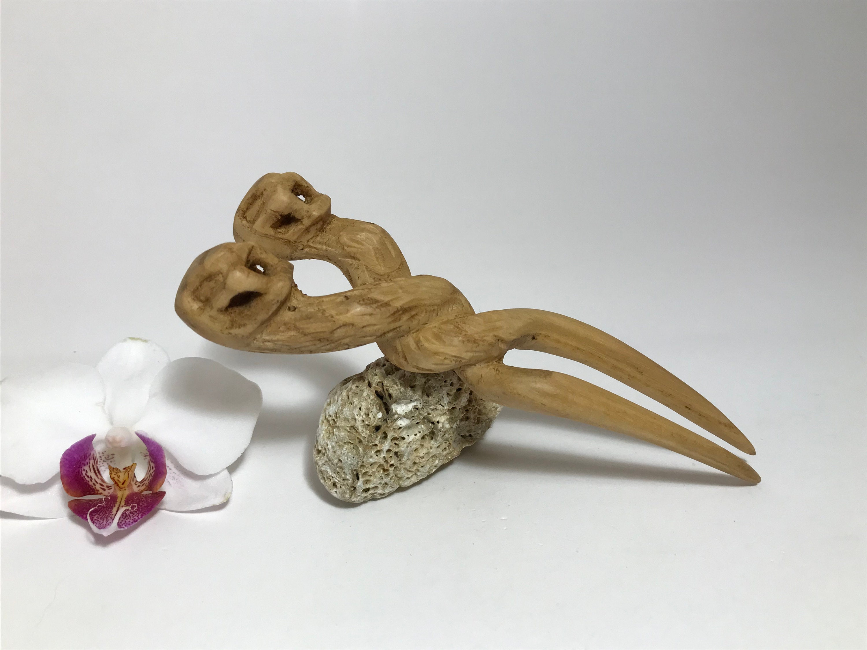 Hand Carved Wooden Hair Fork Two Snakes Two prong | Etsy