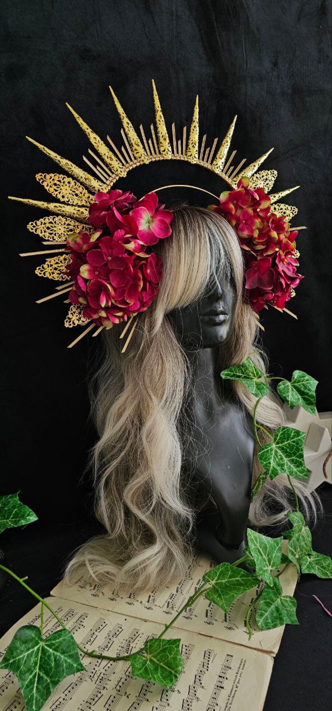 Gold Sun Ray Halo Crown, Burgundy Hydrangea Headband - Etsy