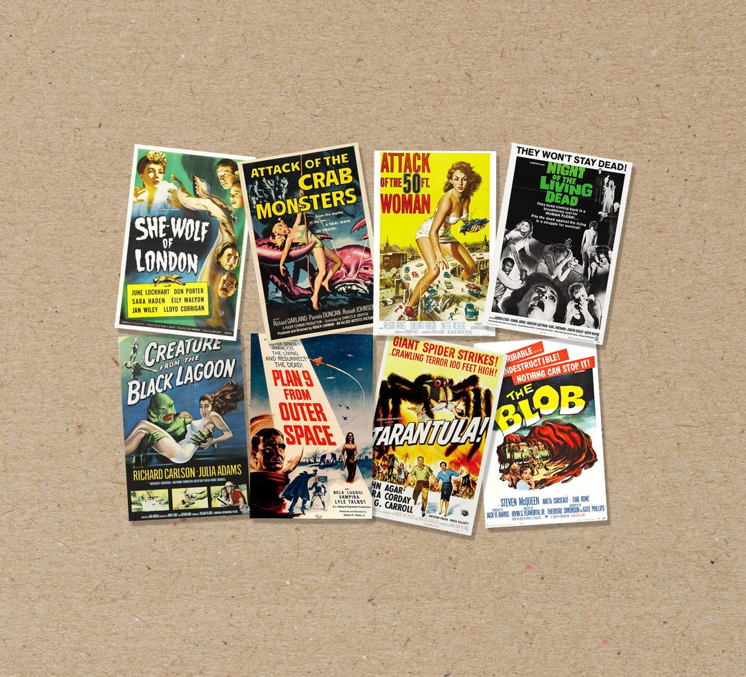 Mixed Set of 8 POSTCARD / A5 Poster Various Classic B MOVIES Movie ...