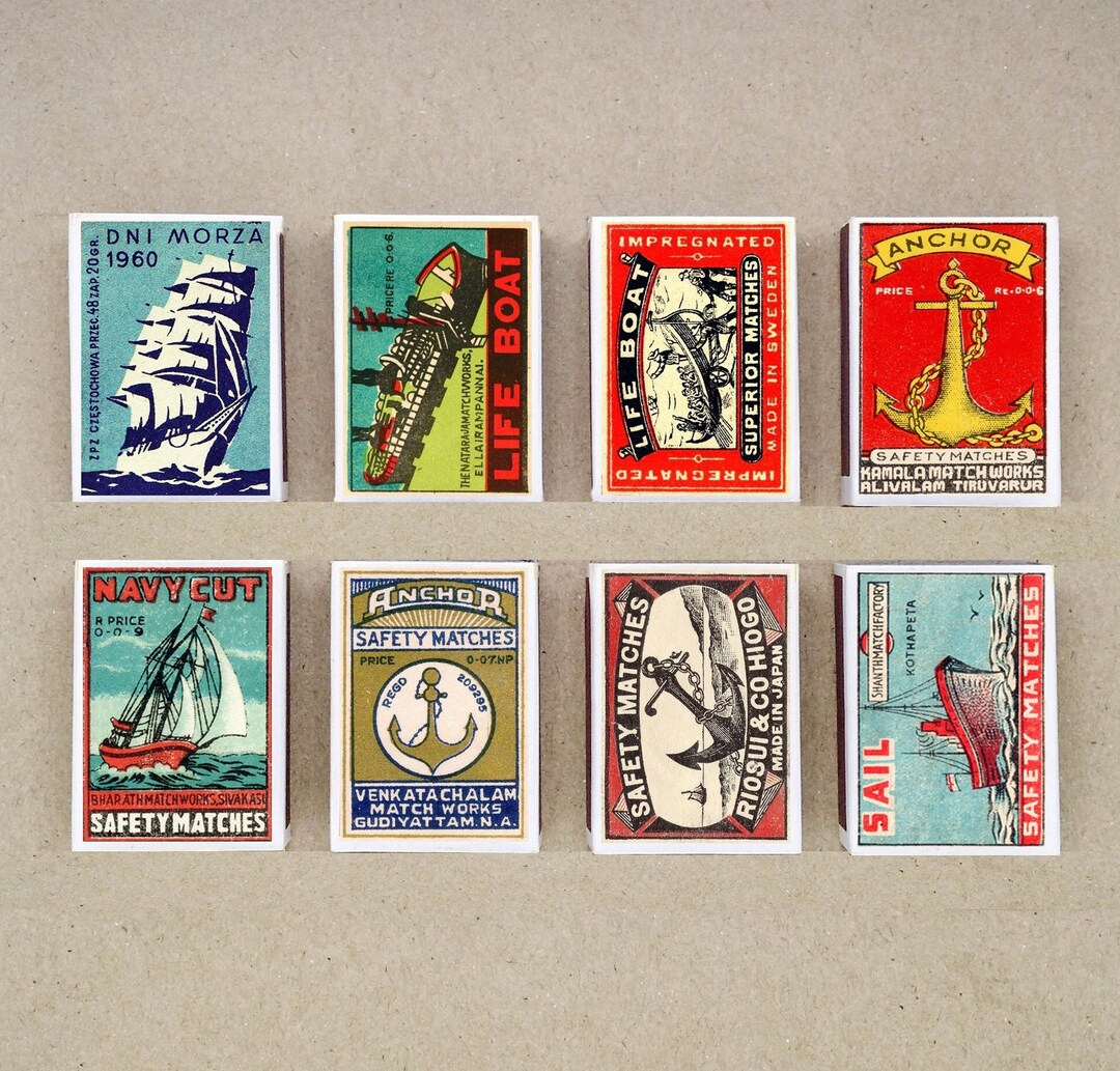 Set of 8 MATCHBOX Various BOAT Ship Navy Design Vintage Style Printing ...