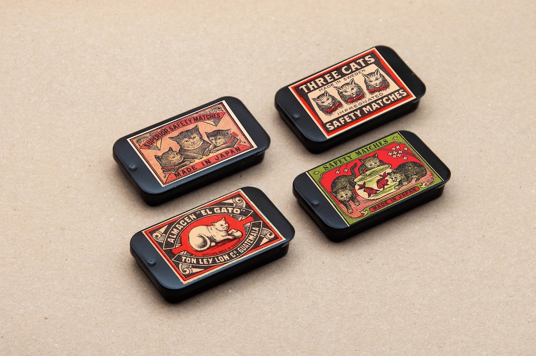 Set of 4 MATCHBOX Tin Boxes of Various CAT Vintage Cats Art Matches ...