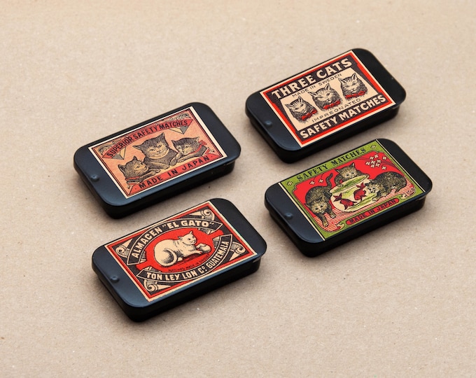 Set of 4 MATCHBOX Tin Boxes of Various CAT Vintage Cats Art Matches ...