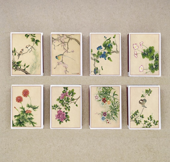 Set of 8 MATCHBOX Various Flower and Bird Paintings Botanical - Etsy