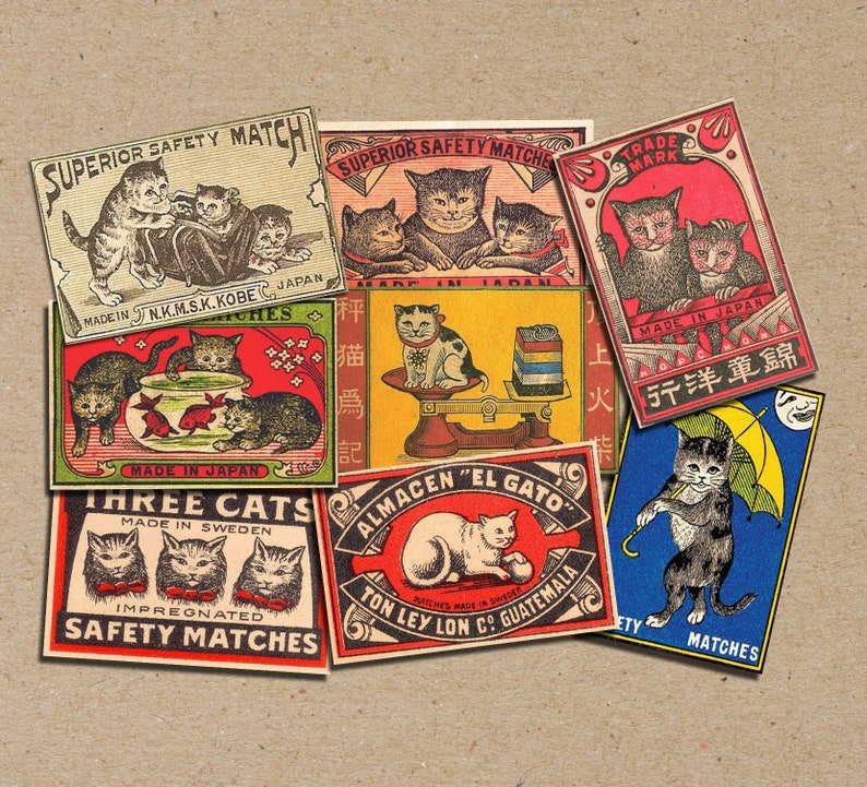 Vintage Cat Matchbox Art Prints, A6/A5 Size, Set of 8 - Etsy