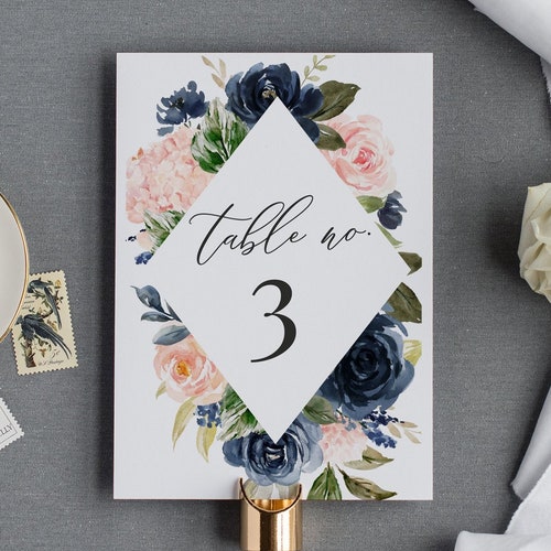 Printable Navy and Pink Floral Wedding Table Numbers Table - Etsy