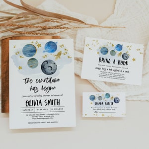 Editable Space Baby Shower Invitation Set, Outer Space Boy Blue Planets ...