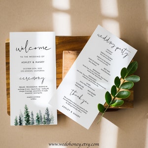 Pine Wedding Program Template, Rustic Mountain, Forest Program for Wedding, Editable Text With ...