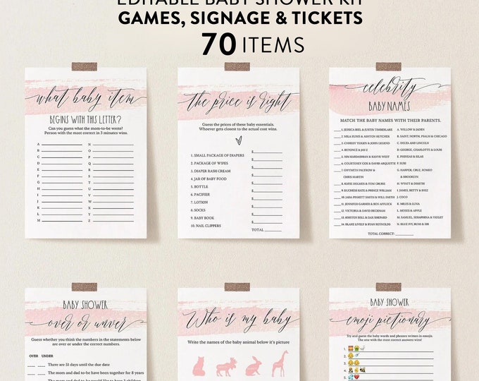 Pink Swash Baby Shower Games Pack – Fun Quizzes & Activities, Editable ...