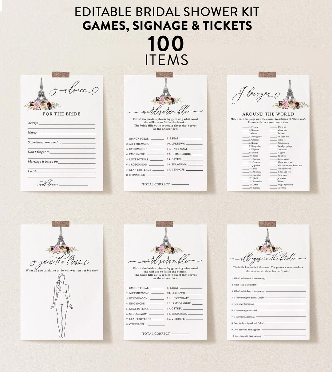 Paris Bridal Shower Game Bundle, Parisian Theme Party Shower Games ...