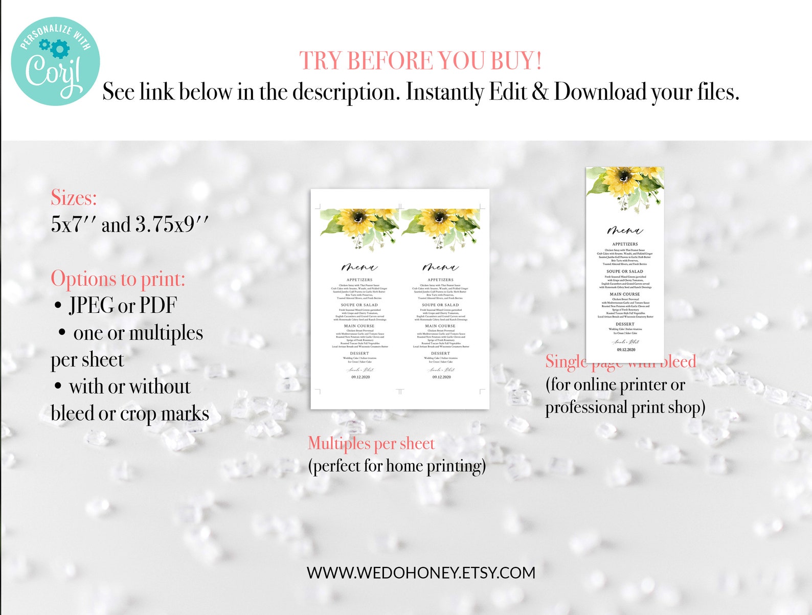 Sunflower Menu Card Rustic Ceremony Editable Text Instant | Etsy