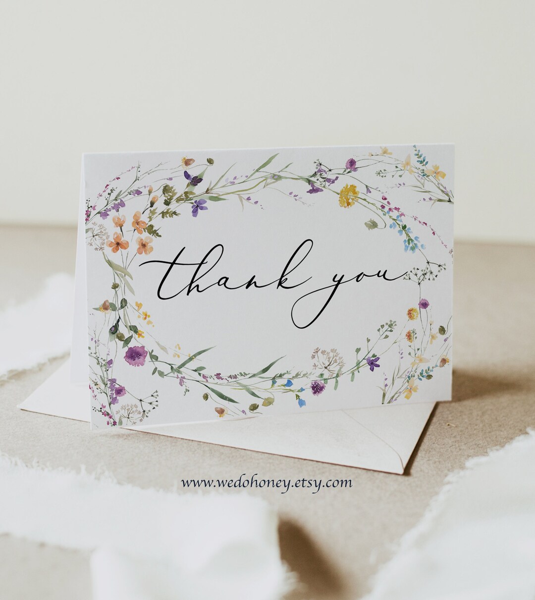 Wildflower Thank You Card Template, Wild Floral Thank You Card ...