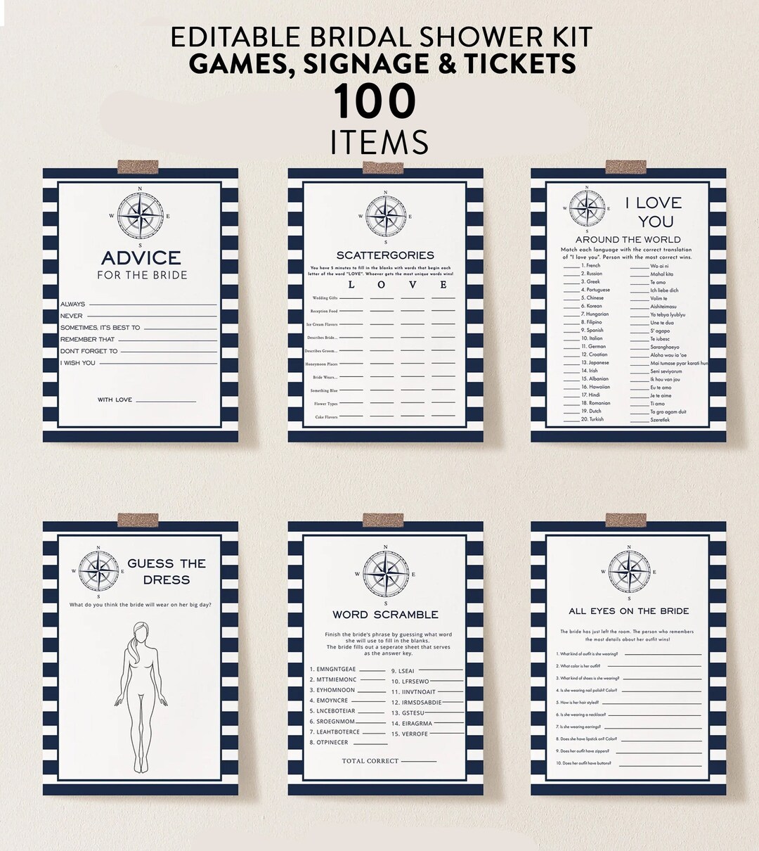 Nautical Bridal Shower Game Bundle, 100 Items, Sail Before the Veil ...