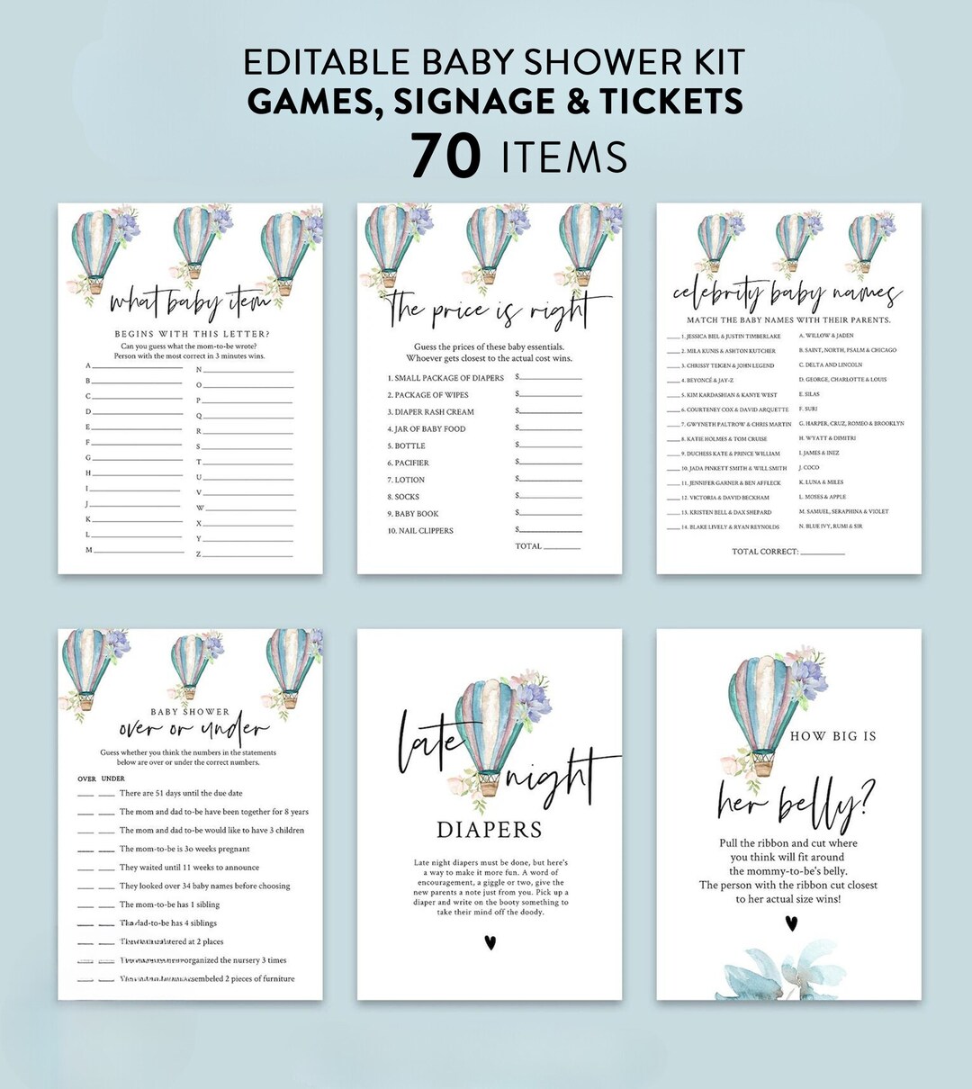 Blue Hot Air Balloon Baby Shower Games Package, Baby Boy Game Printable ...