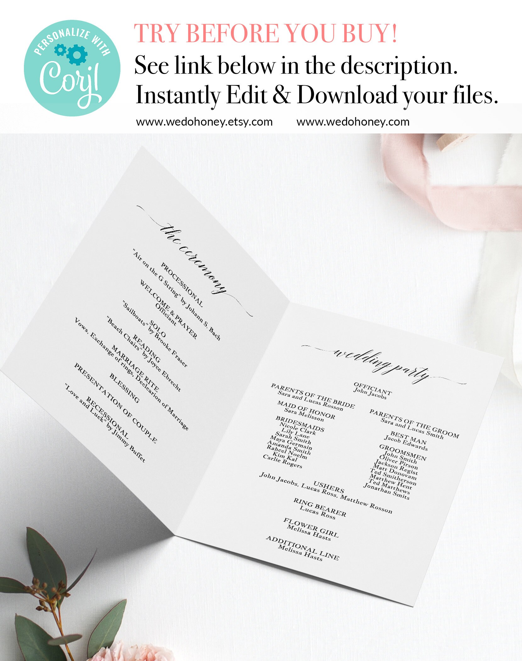 Folded Programs Modern Calligraphy Program Fully Editable - Etsy