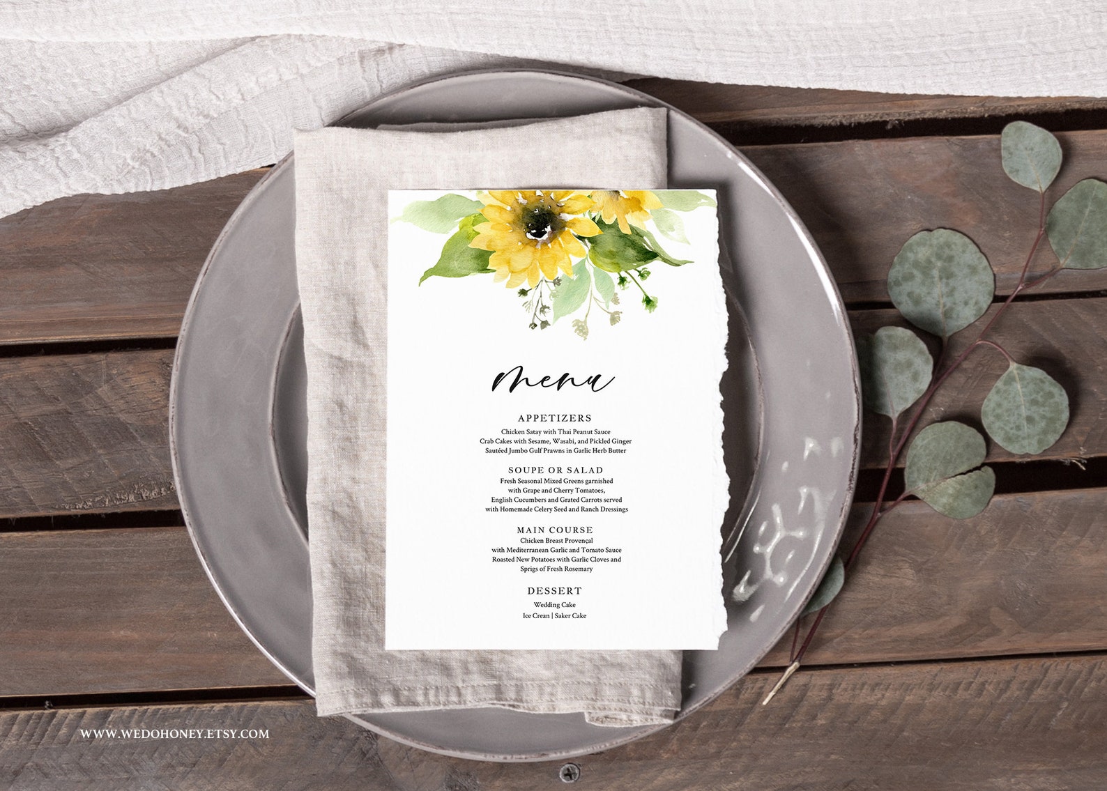Sunflower Menu Card Rustic Ceremony Editable Text Instant | Etsy