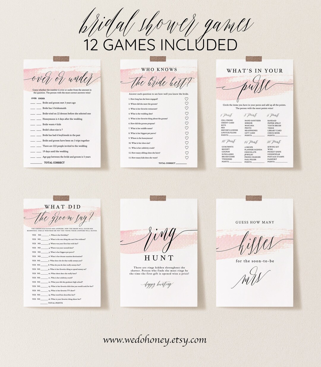Editable Bridal Shower Game Bundle, Pink Swash, Personalize Name and ...