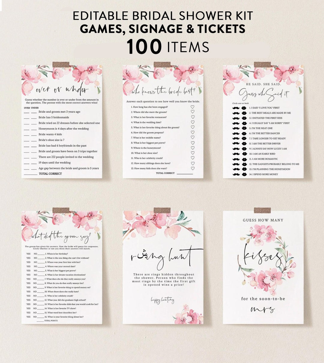 Spring Bridal Shower Game Bundle Sakura Blossoms, 100 Editable Items ...