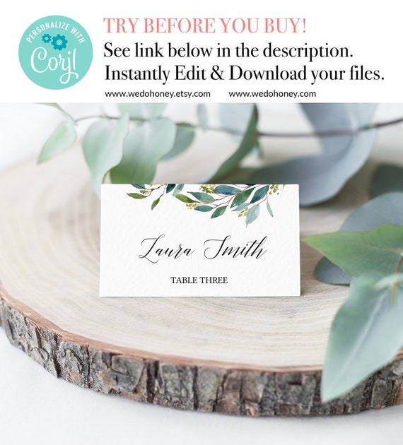 Greenery Place Cards Template, Green Place Cards, Fully Editable Place ...