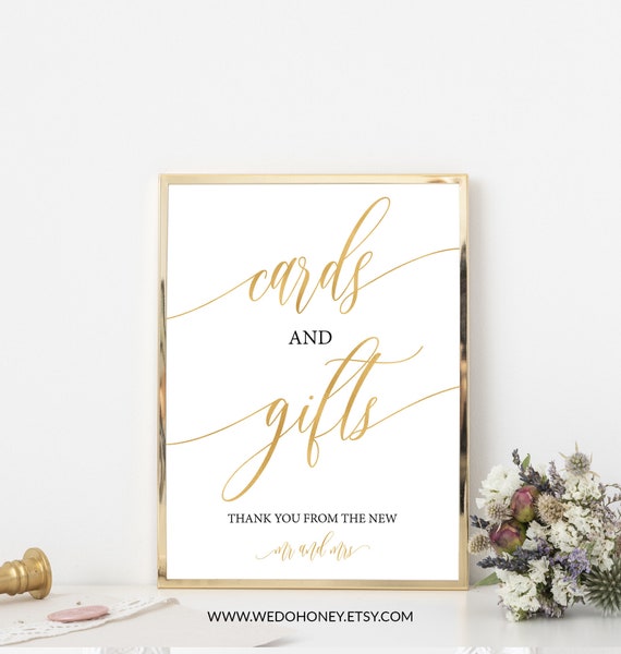 Gold Cards and Gifts Sign, Gifts Table Sign, Gold Wedding Calligraphy ...