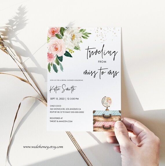Editable Miss to Mrs Travel Bridal Shower Invitation Floral Globe Bags ...