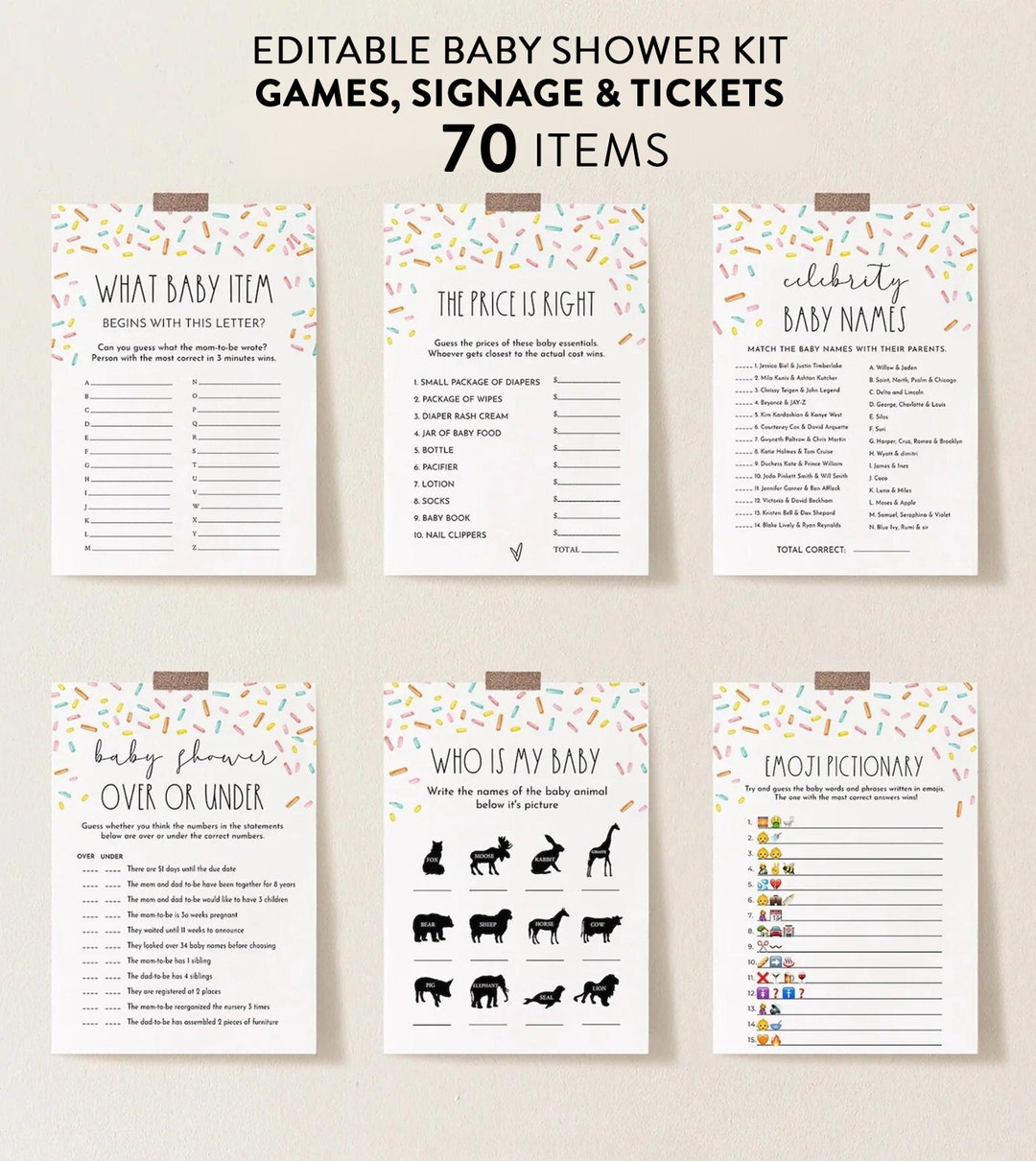 Editable Baby Sprinkle Games, 70 Items, Activity Baby Shower Game Set ...
