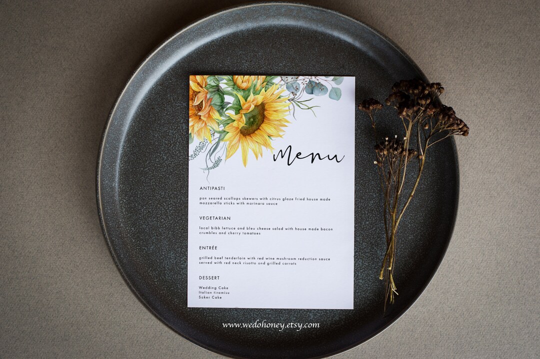 Rustic Sunflower Menu Template, Yellow and Greenery, Fully Editable ...
