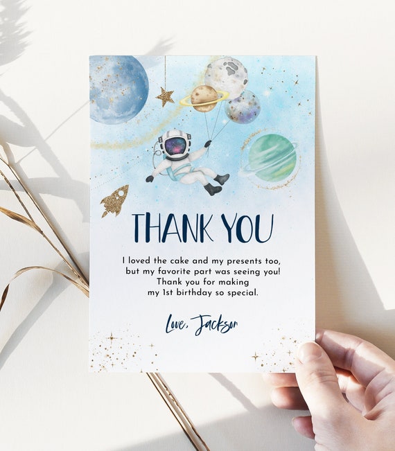 Editable Space Thank You Card Astronaut Birthday Galaxy Planets Rocket ...