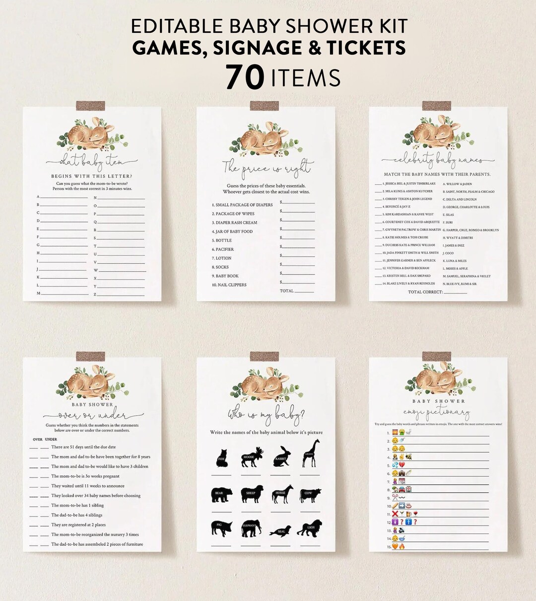 Deer Baby Shower Games Package, Deer Boy Greenery Baby Shower, Editable ...