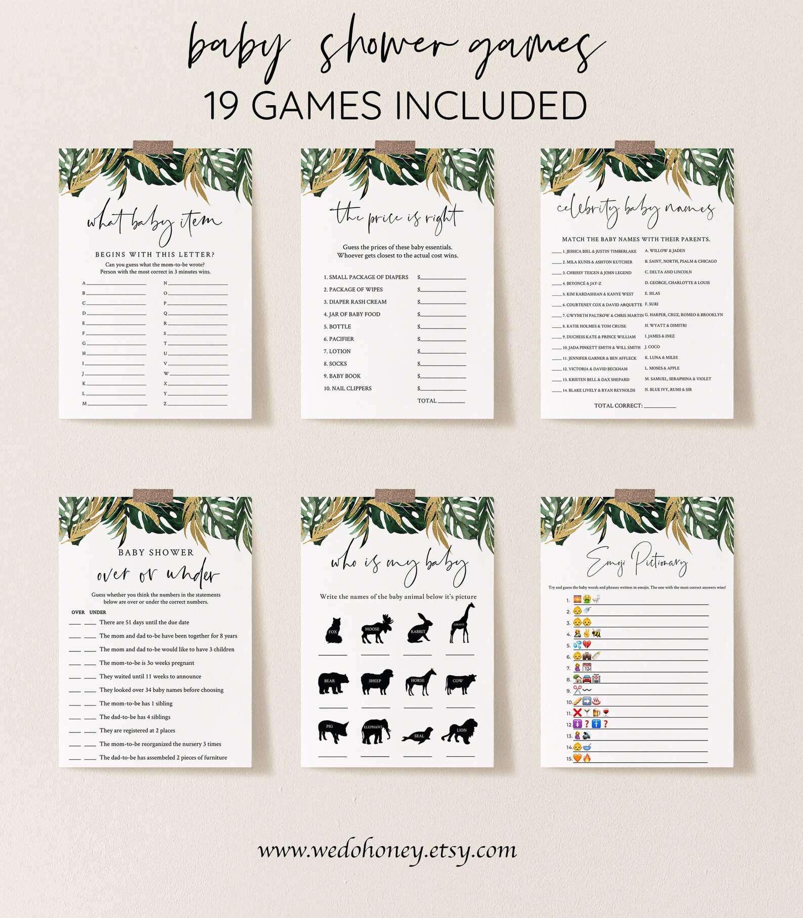 Tropical Baby Shower Games Bundle Greenery Gold Palm Leaves - Etsy