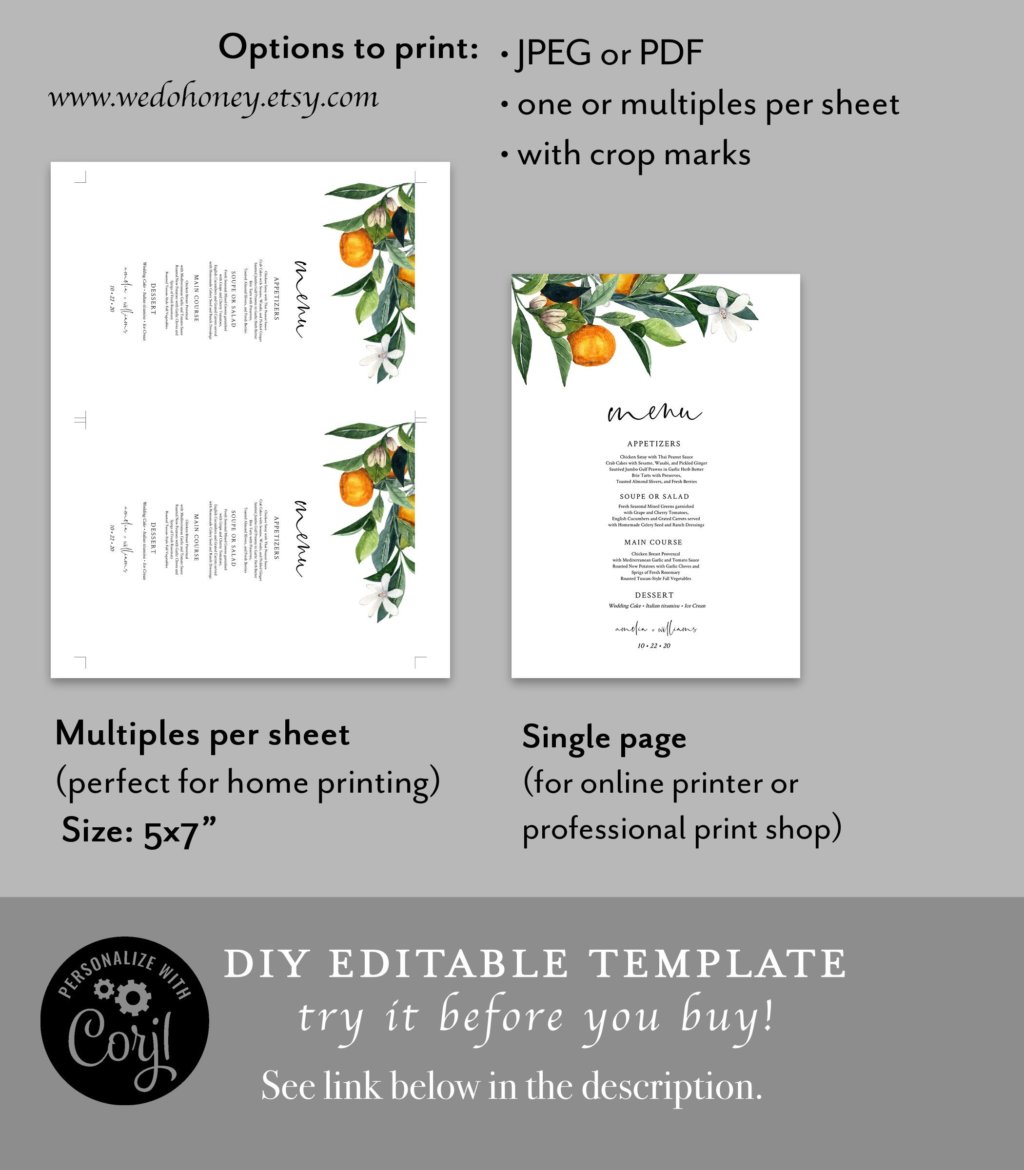 Citrus Menu Template Orange Wedding Menu Printable Summer - Etsy