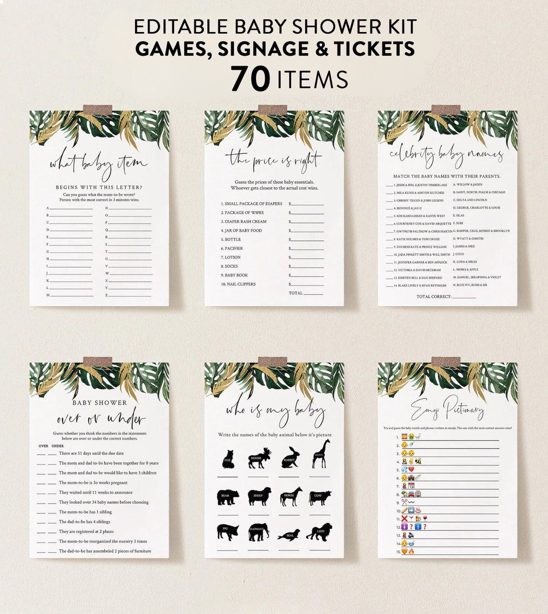 Tropical Baby Shower Games Bundle Greenery & Gold Palm Leaves, Editable ...