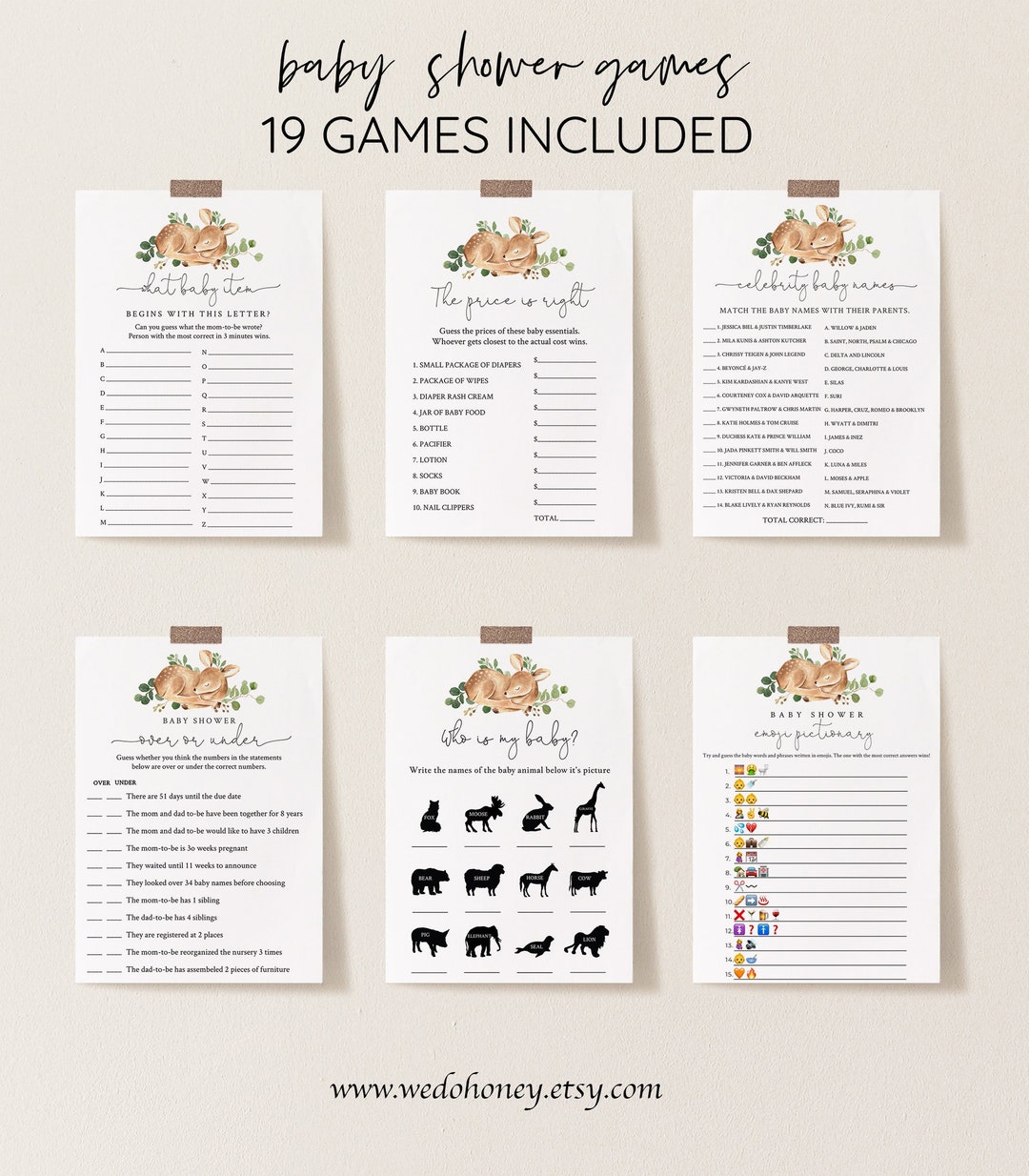 Deer Baby Shower Games Package, Deer Boy Greenery Baby Shower, Editable ...