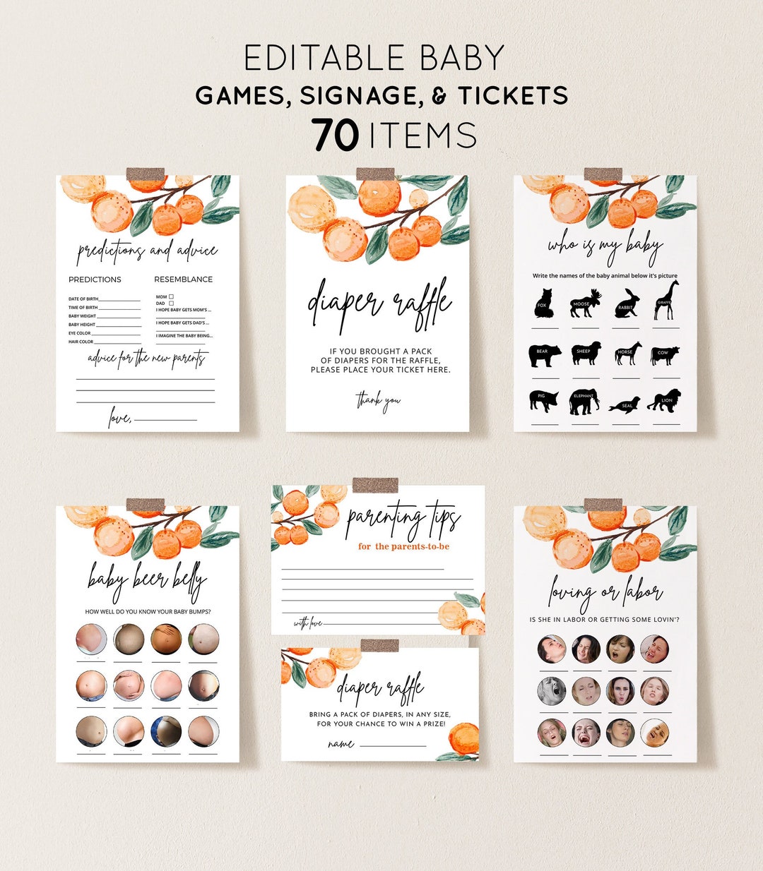 Orange Citrus Baby Shower Games Bundle Printable Set Fun Baby Shower ...