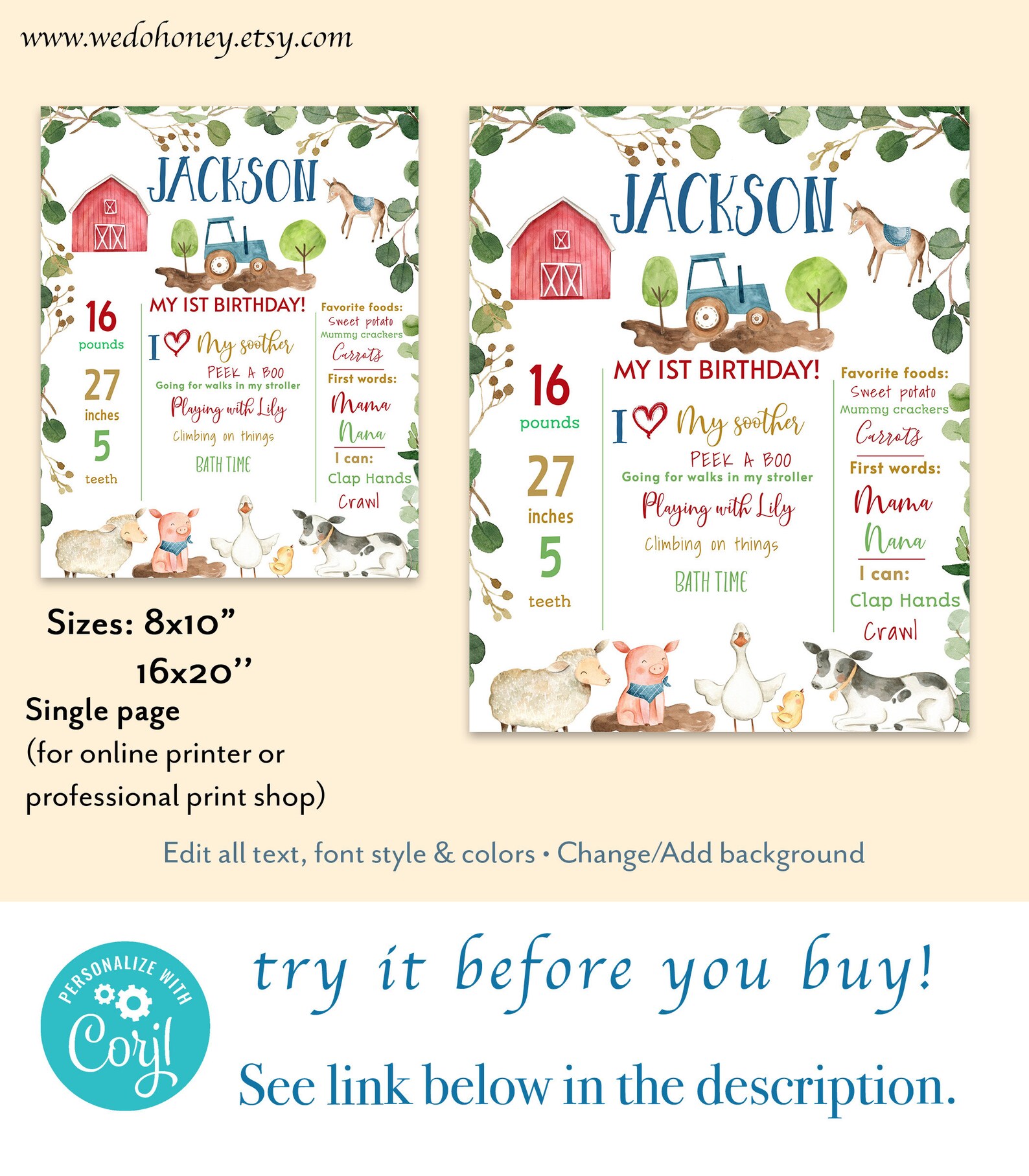 Farm Animals Birthday Board Farm Boy Milestone Poster | Etsy