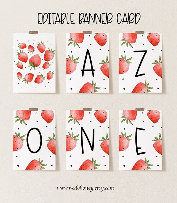 Editable Strawberry Banner Birthday Berry First Printable Editable Text ...