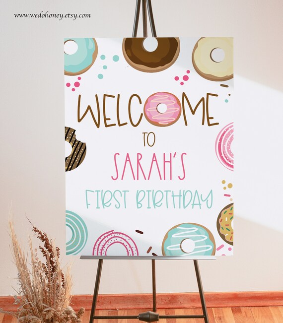 Editable Donut Birthday Welcome Sign, Donut Pink Girl Party, Donut Grow ...