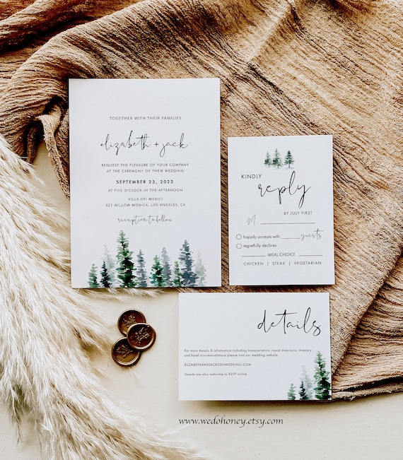 Pine Tree Wedding Invitation Template, Rustic Winter Pine Suite, RSVP ...