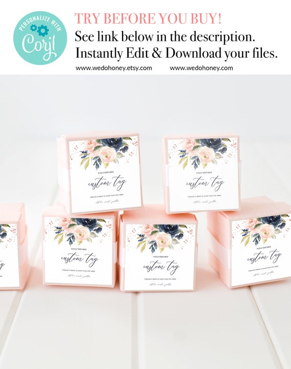 Gift Tags Template, Blush and Navy Watercolor Wedding, Custom Tag ...