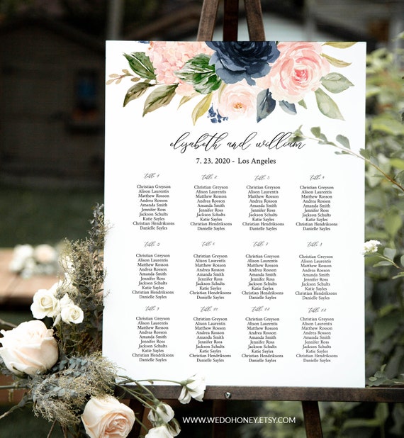 Navy and Pink Blush Floral Seating Chart, Editable Text, Instant ...