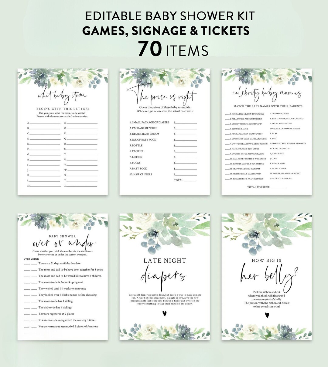 Succulent Baby Shower Games Pack, Floral Game Bundle, Greenery Set ...
